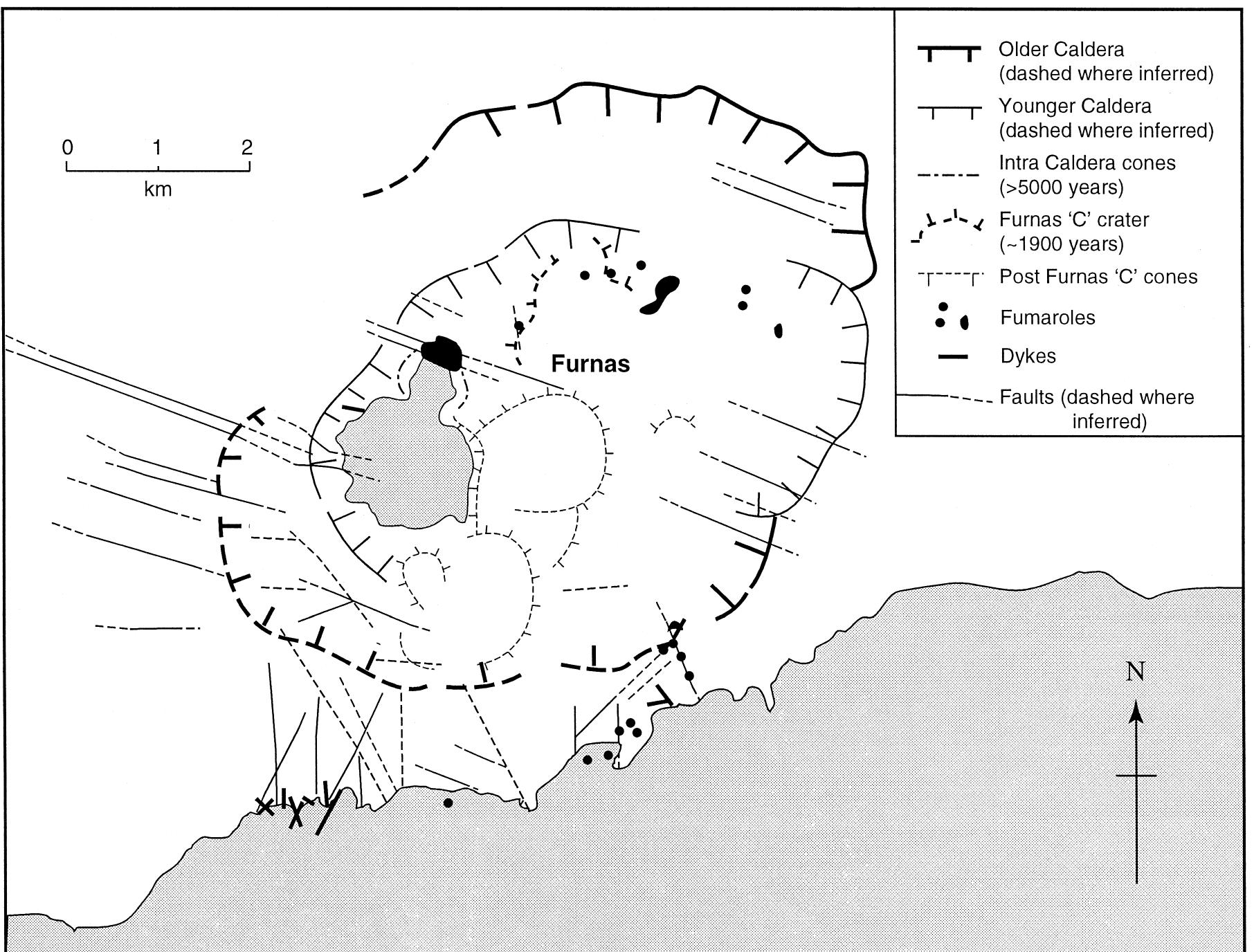 Sketch map of furnas volcano showing major faults, dykes and