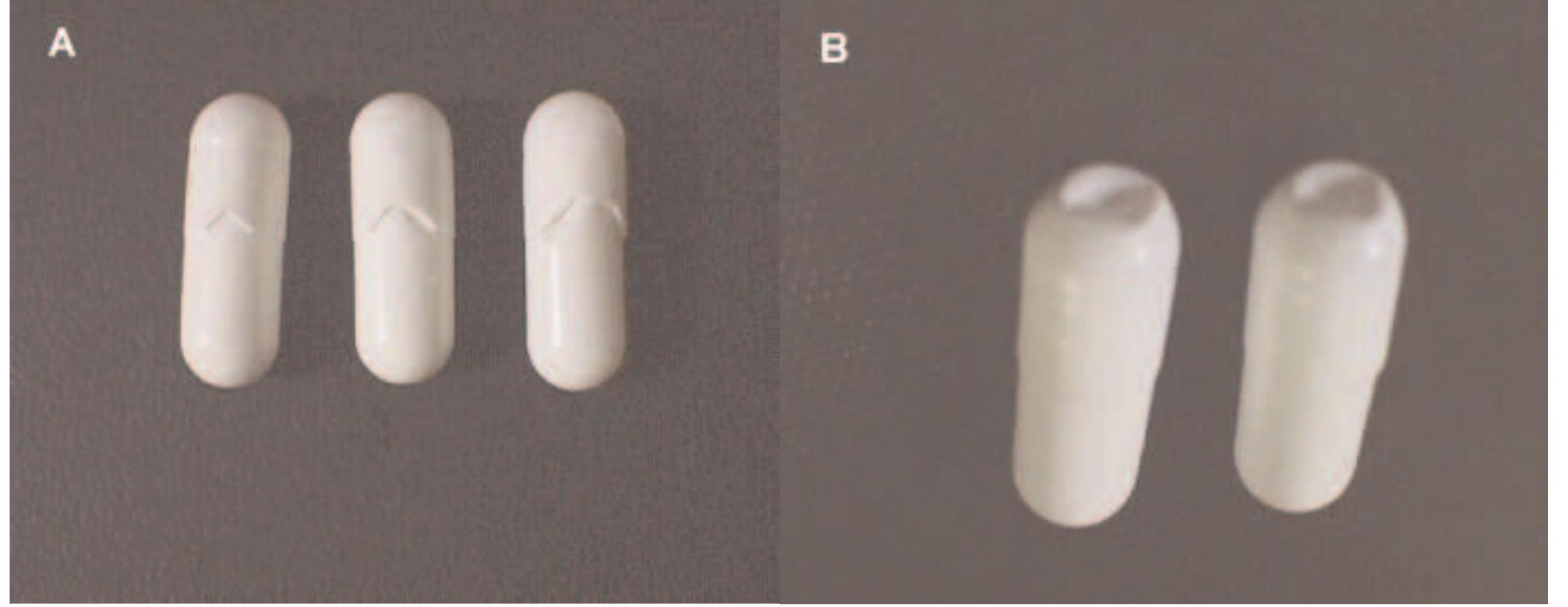 Hpmc, quali-v, size #00 capsule defects. (a) split capsules;