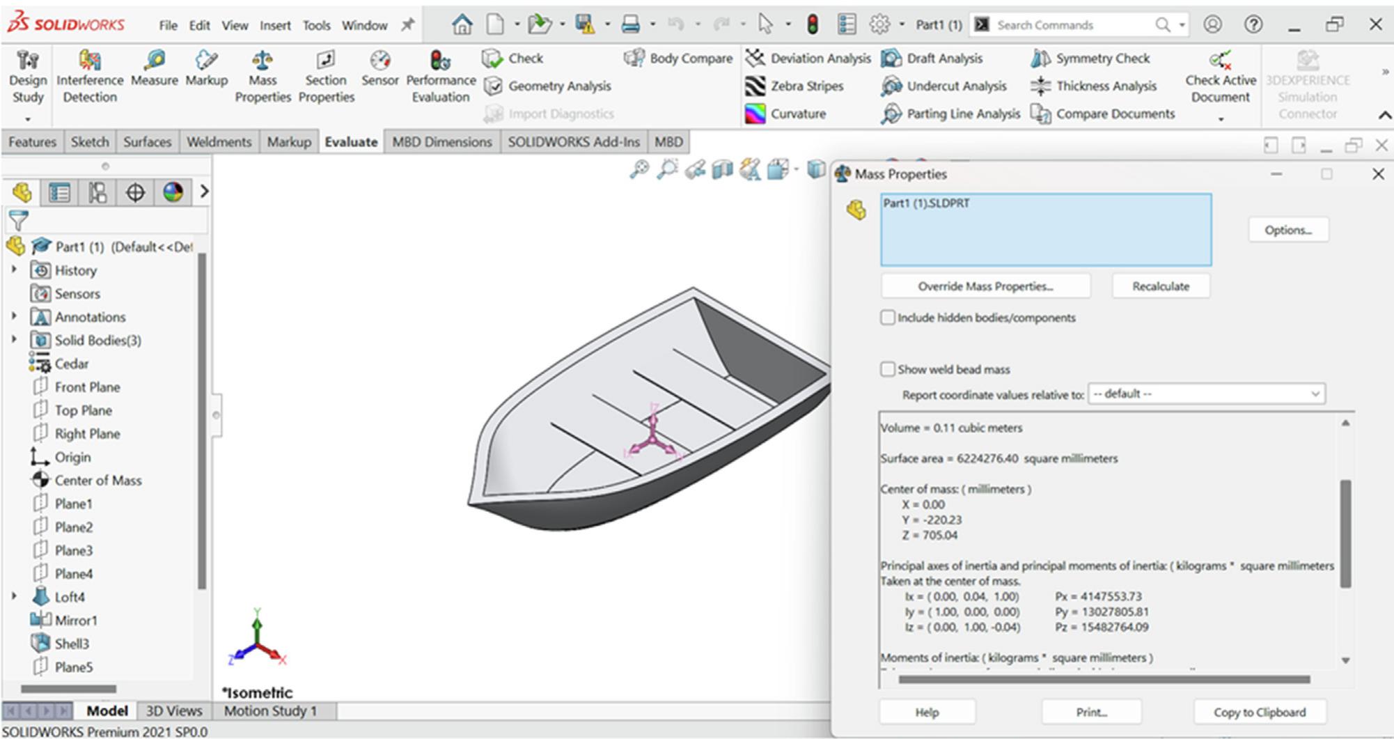 Cg, volume and area calculation using solidworks software.