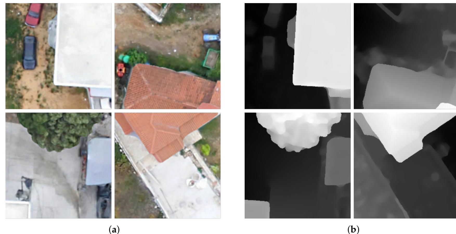 Rural dataset: example (a) drone images and (b) dem tiles