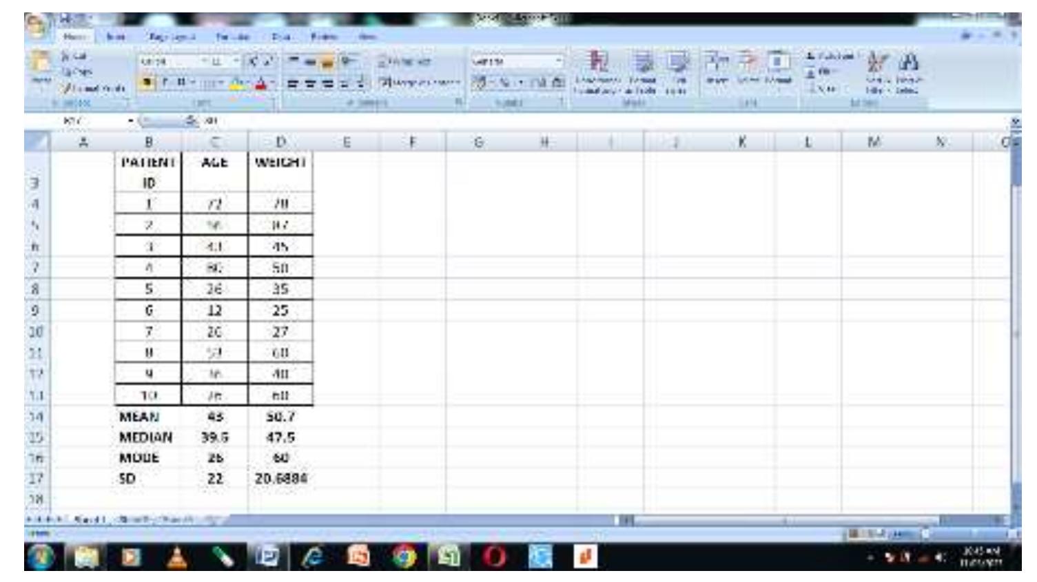 Calculation of standard deviation using excel spreadsheet