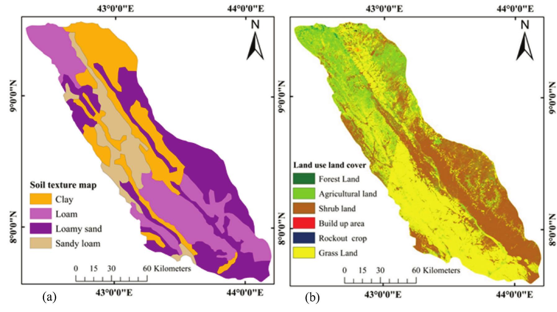(a) soil texture map and (b) land use land cover map.