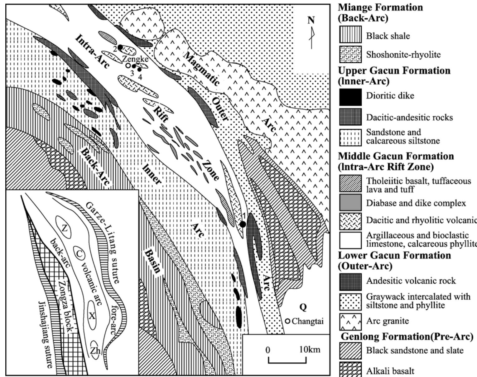 Sketch map showing major tectonic units, volcano-sedimentary