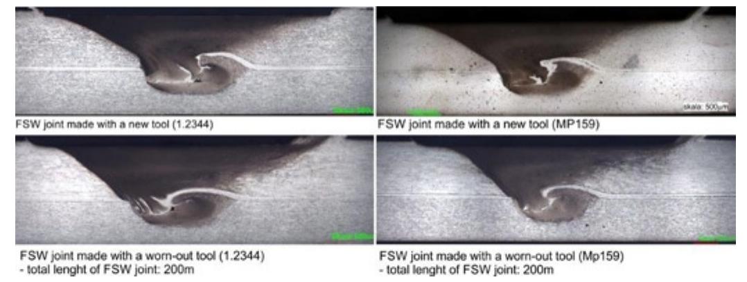 Cross-section of the fsw joints welded using new and worn