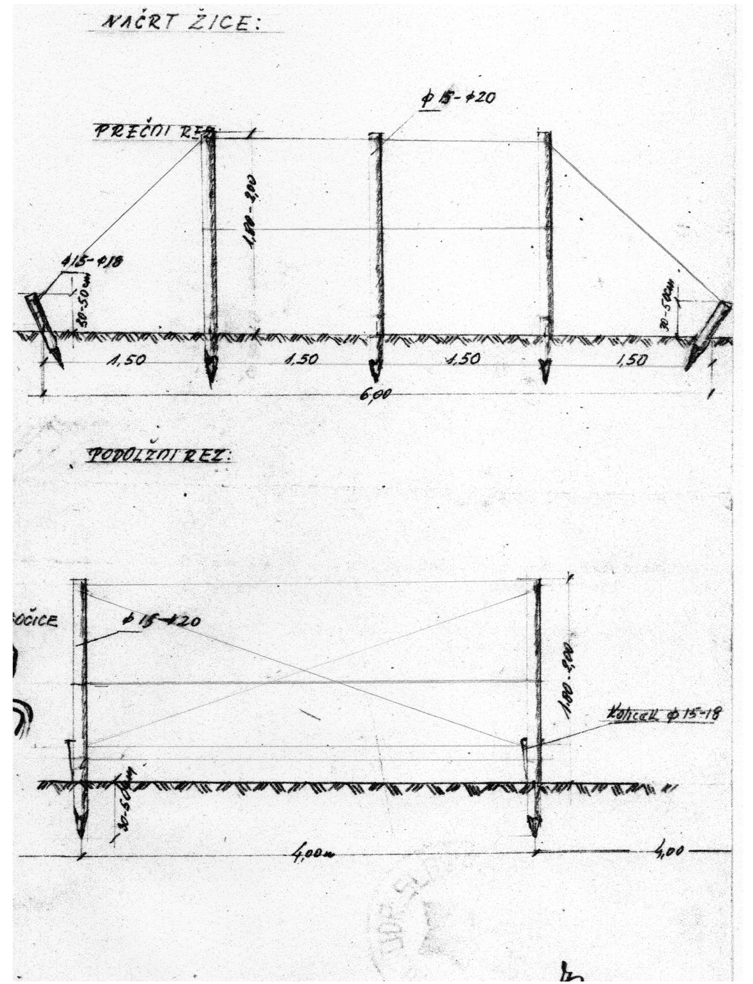 A transverse and a longitudinal plan of the barbed wire