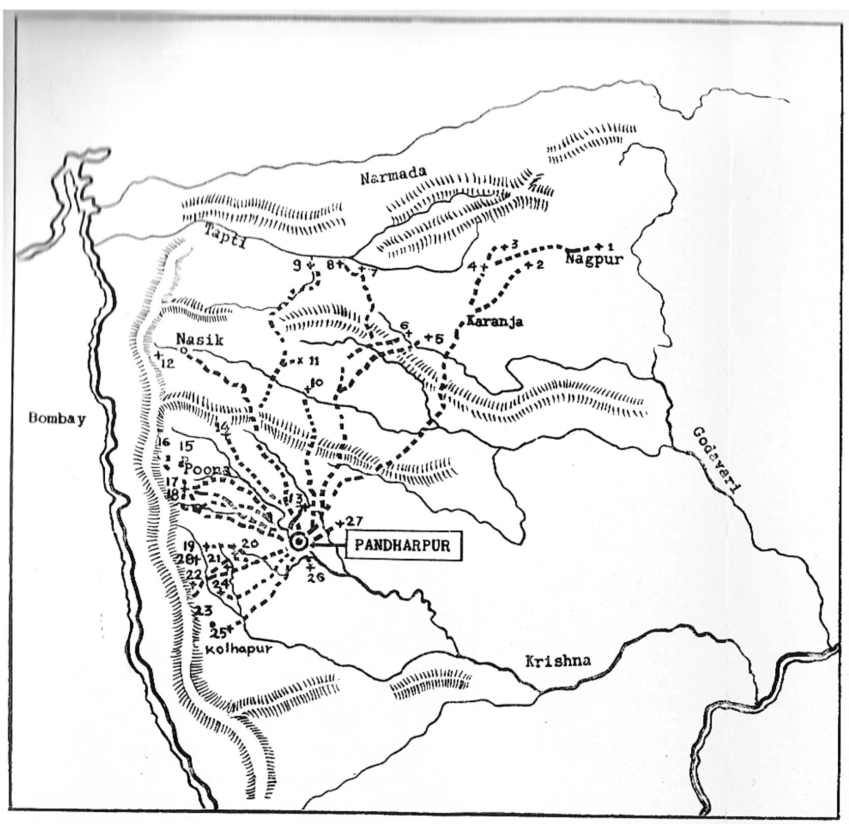 map of the various processions to pandharpur’