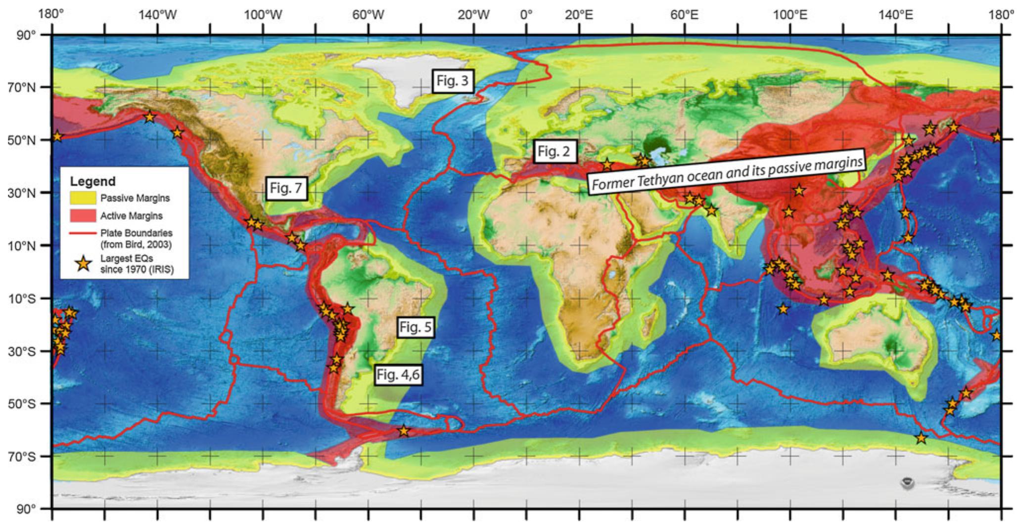 Map of passive (green) and active (red) margins of the world