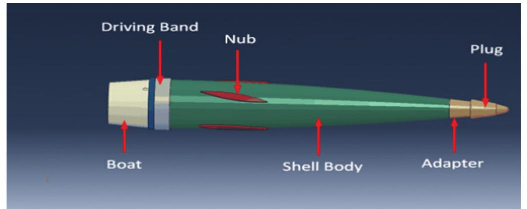 A 3-d model of high explosive filled 155 mm erfb bt.