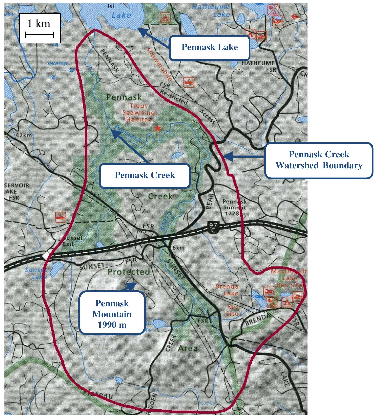 3: map showing the approximate boundary of the pennask creek
