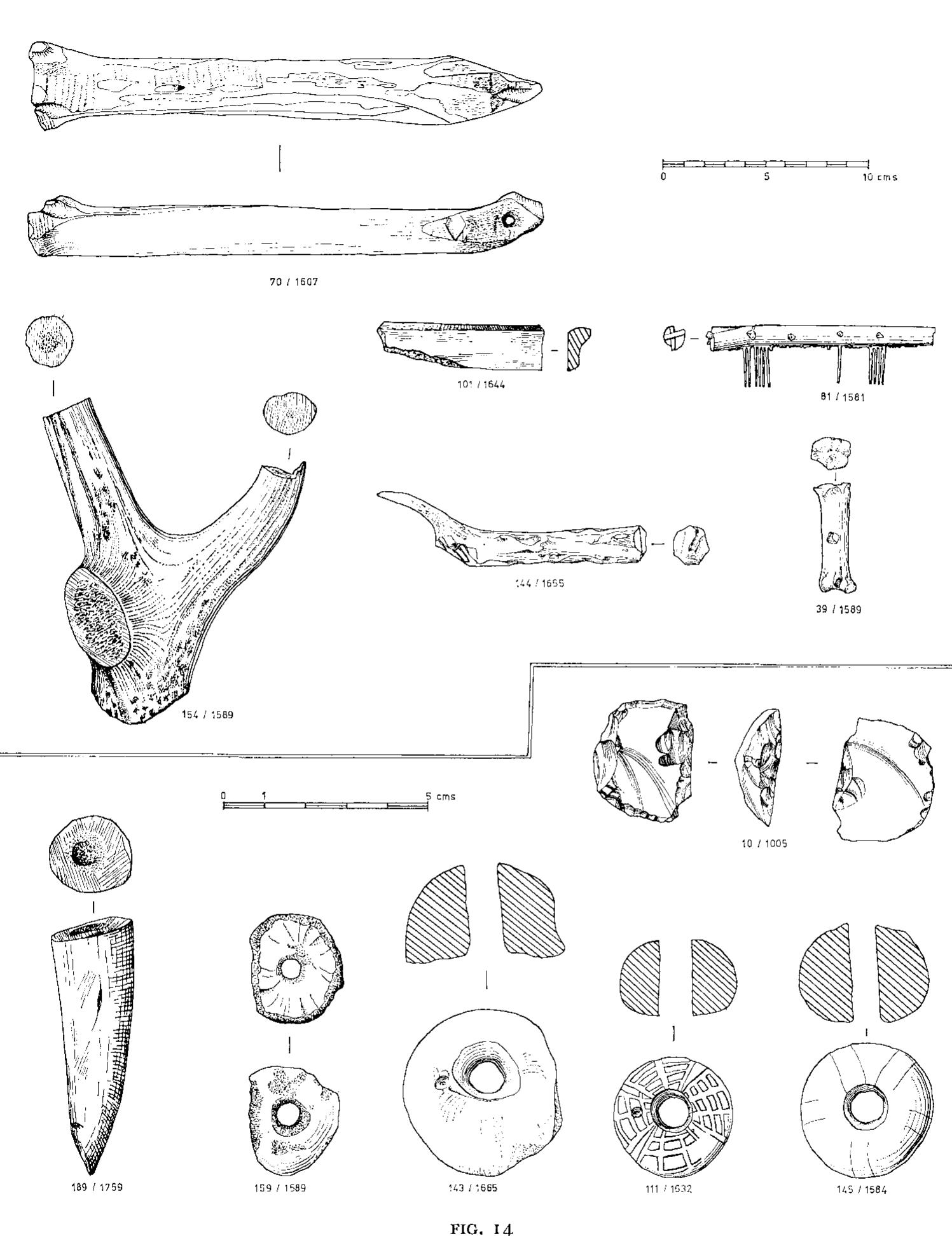 Small finds (bone, antler, clay, flint). scales as shown