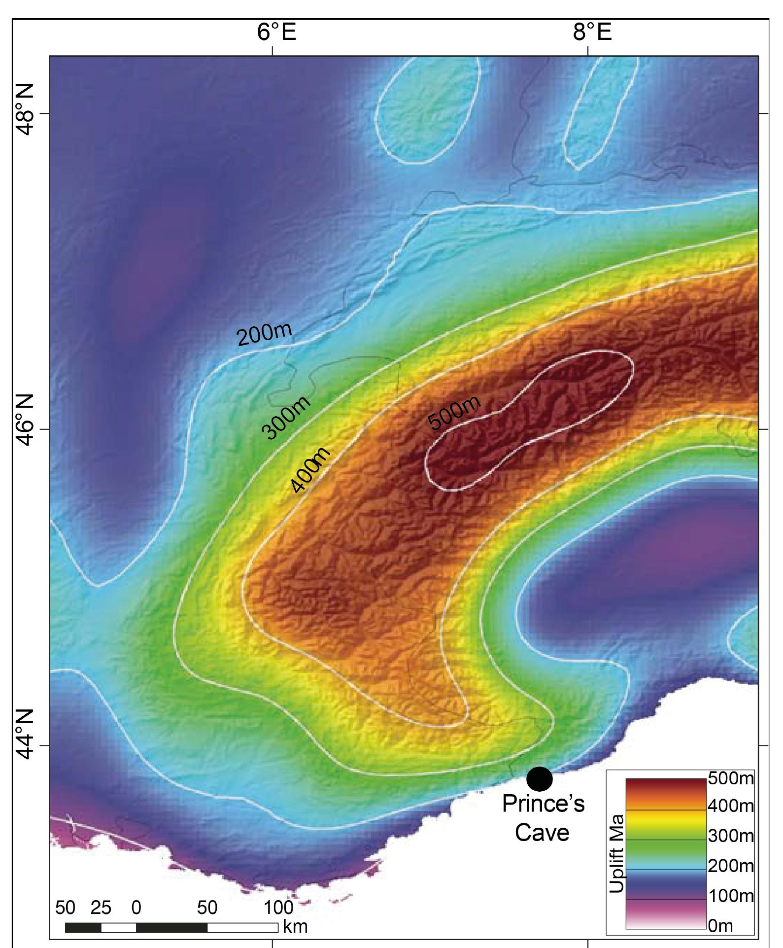 Map of isostatic rebound to erosion, calculated using a