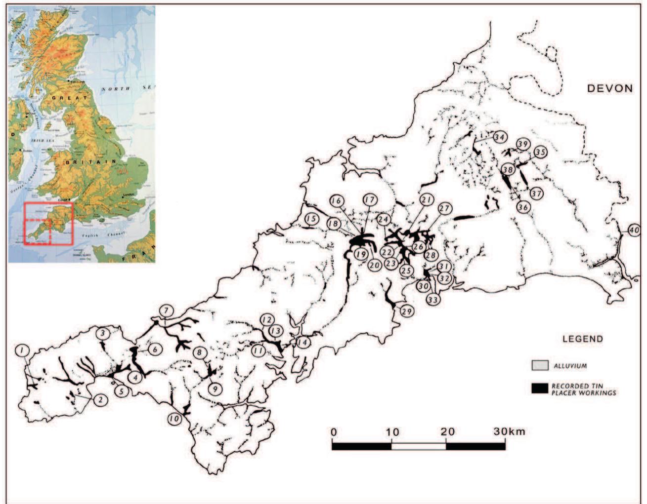 Location map of cornwall and devon and the distribution of