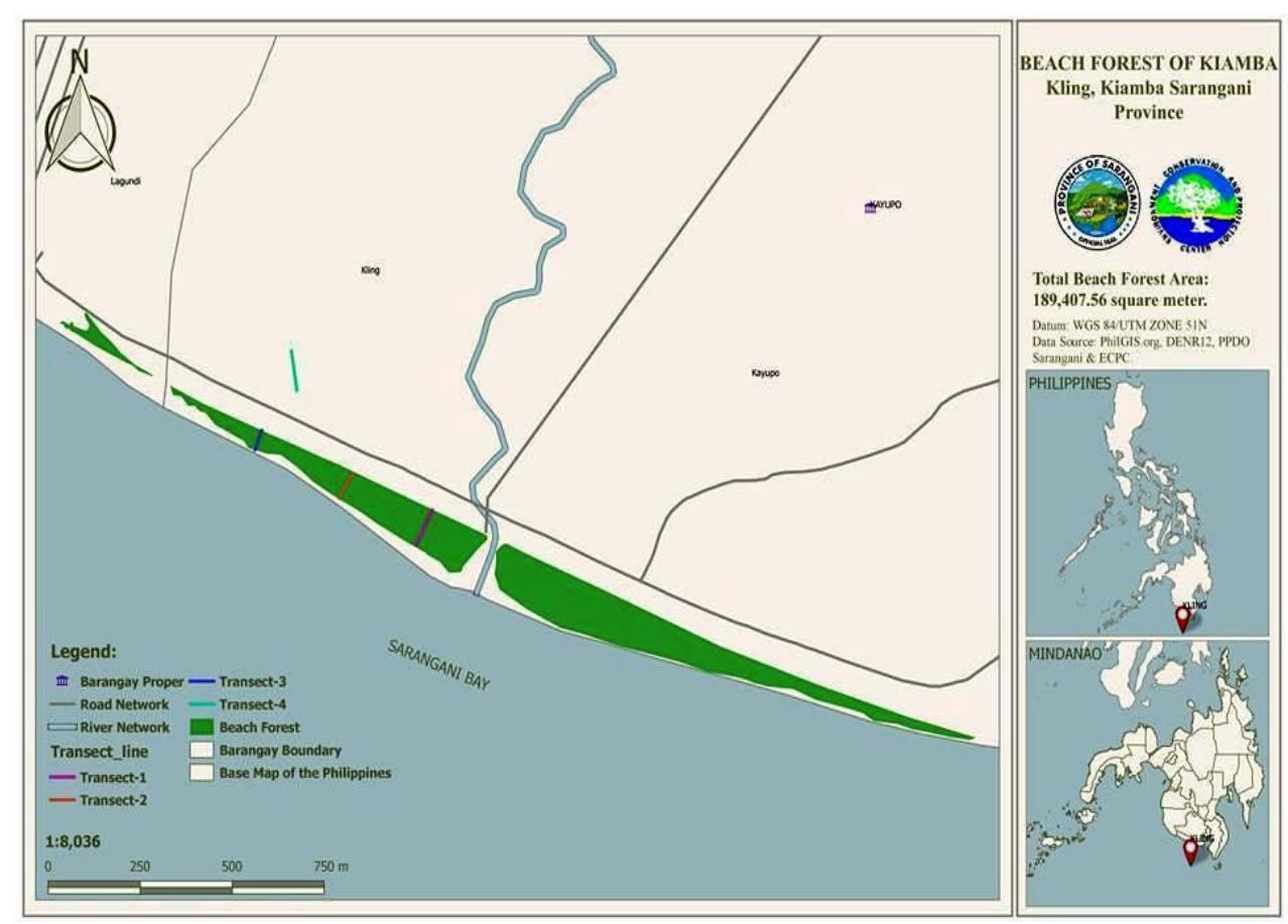 Map of the study area showing beach forest area size and