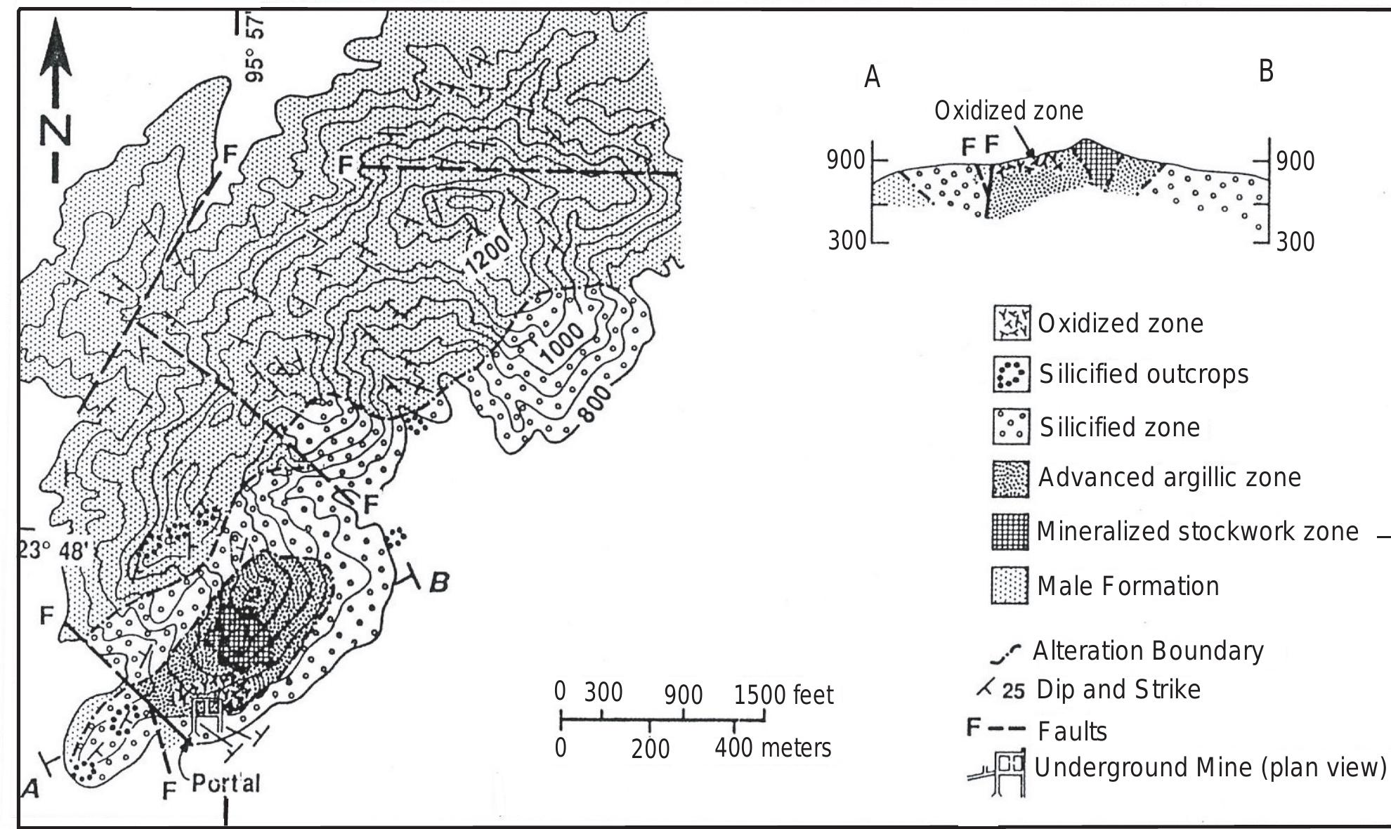 Detailed geological map of the mine area (modified from y e