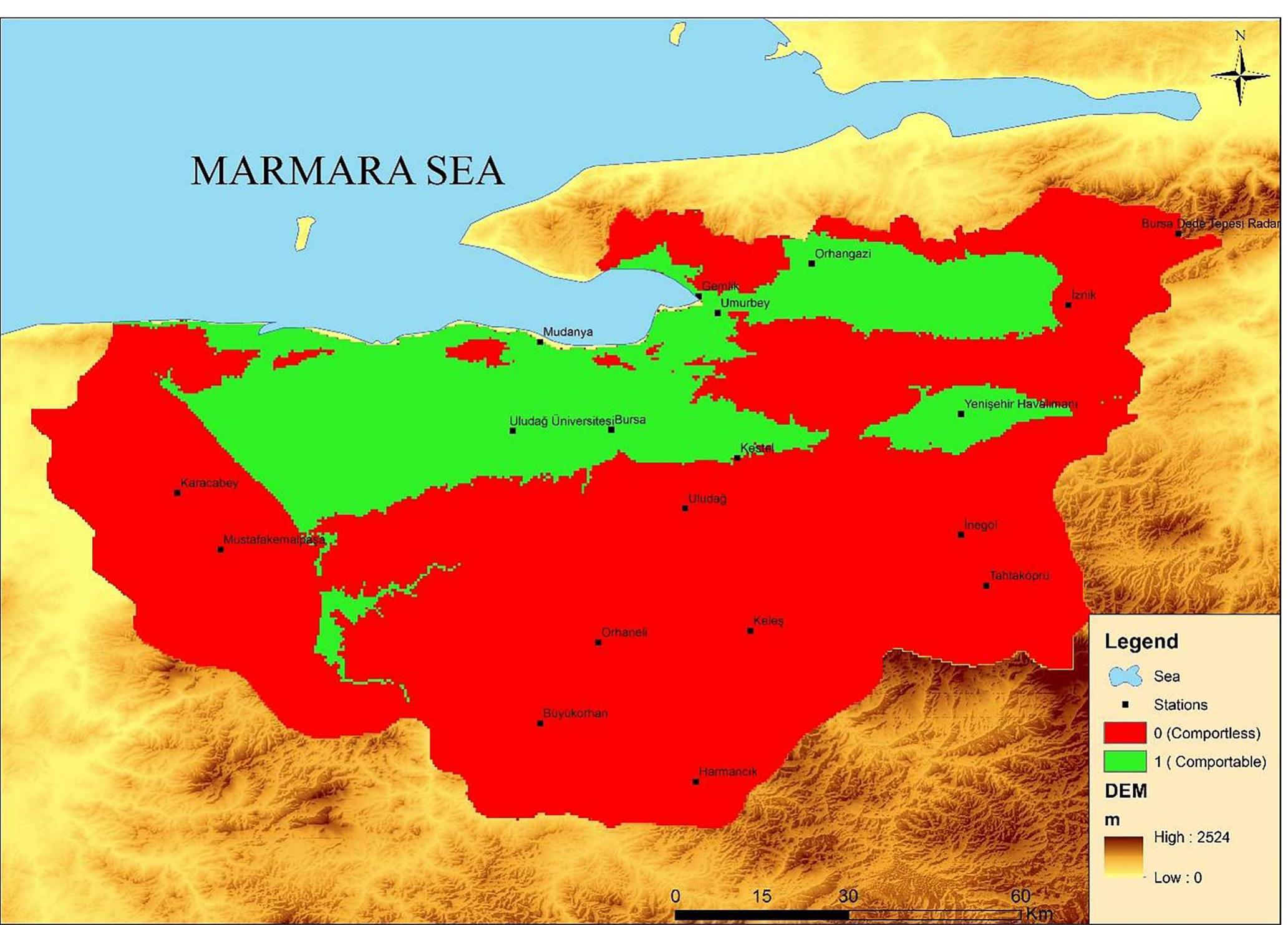 Map showing of suitable bioclimatic comfort zones analysis