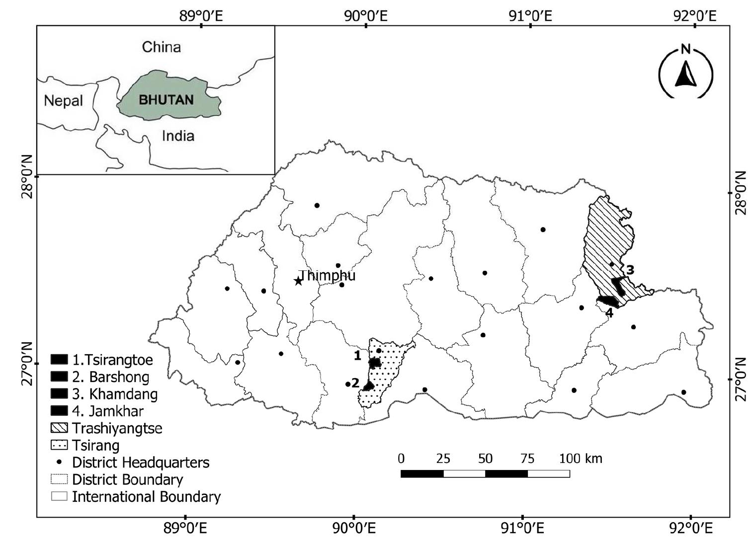 Map of bhutan, showing study sites. two districts, shown in