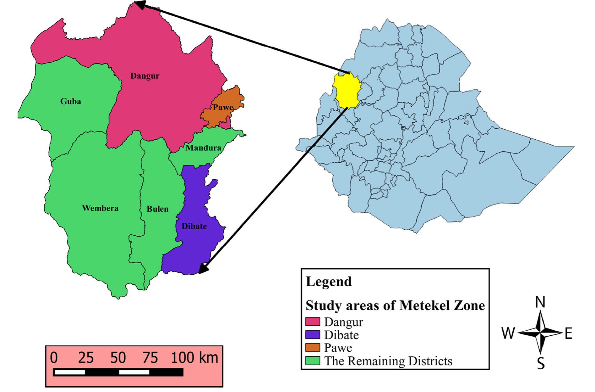 Map of ethiopia, metekel zone, and study districts