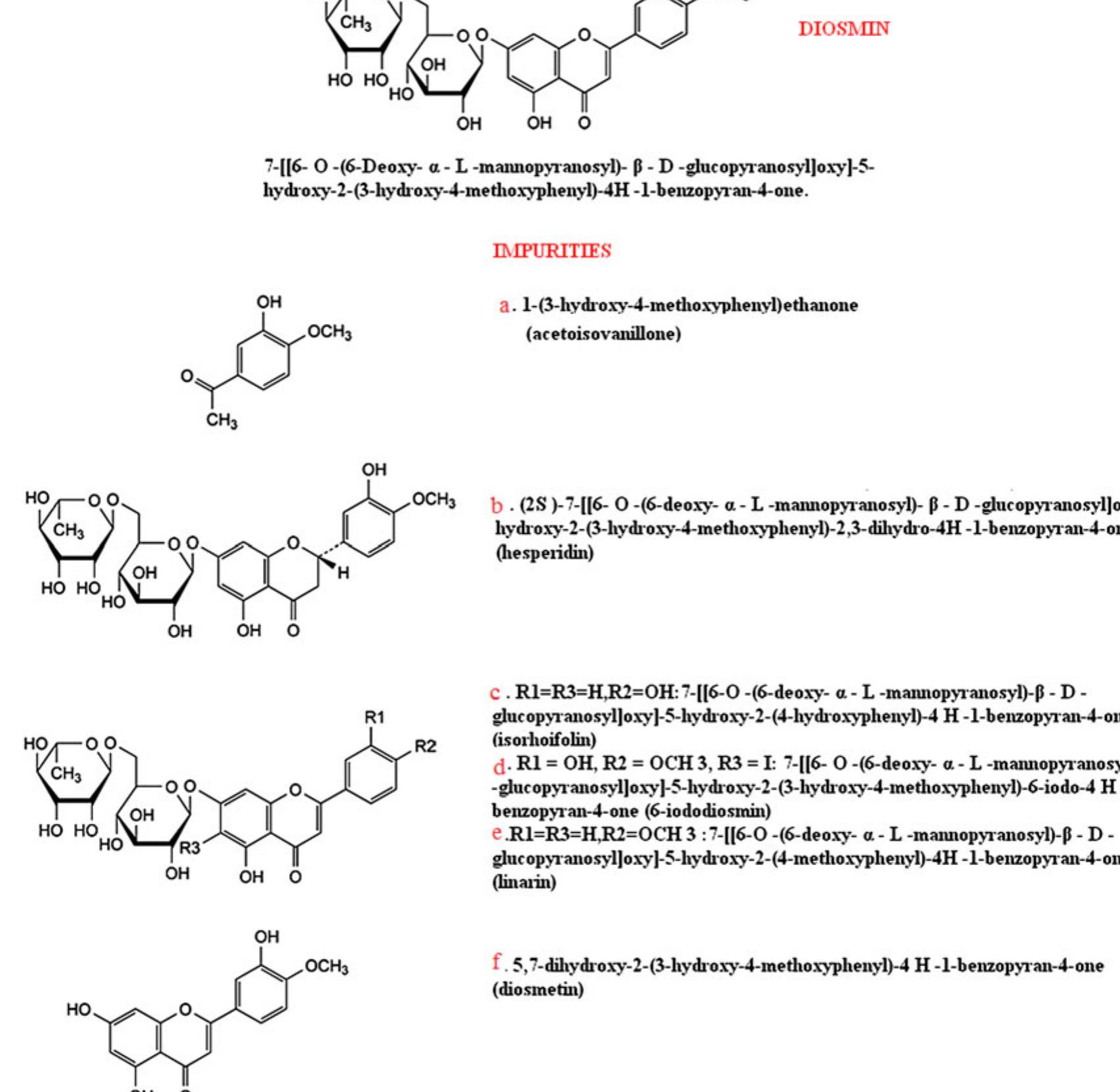 Chemical structures of diosmin and its related substances