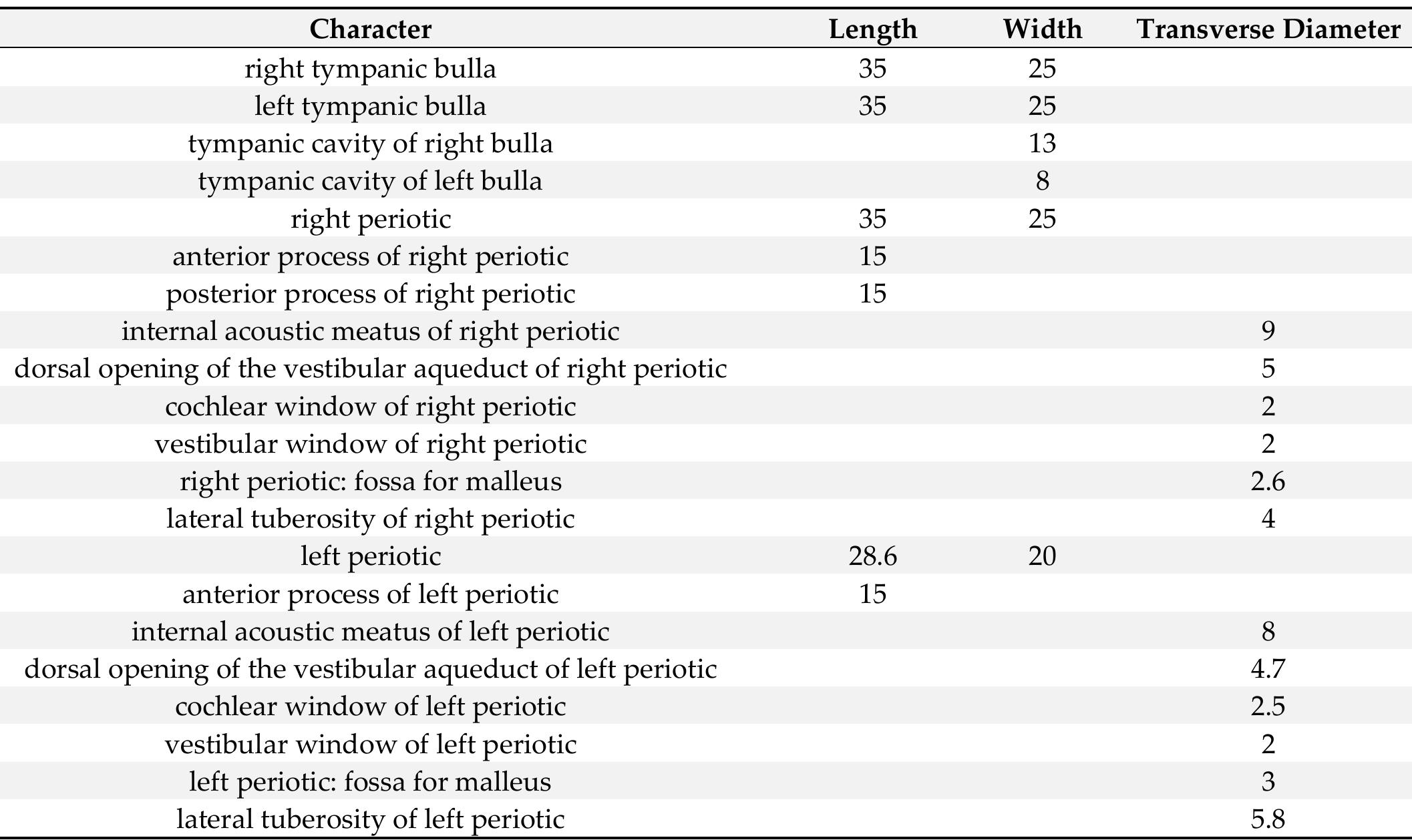 Measurements in mm of 13881/2, 13906: tympanic bullae and