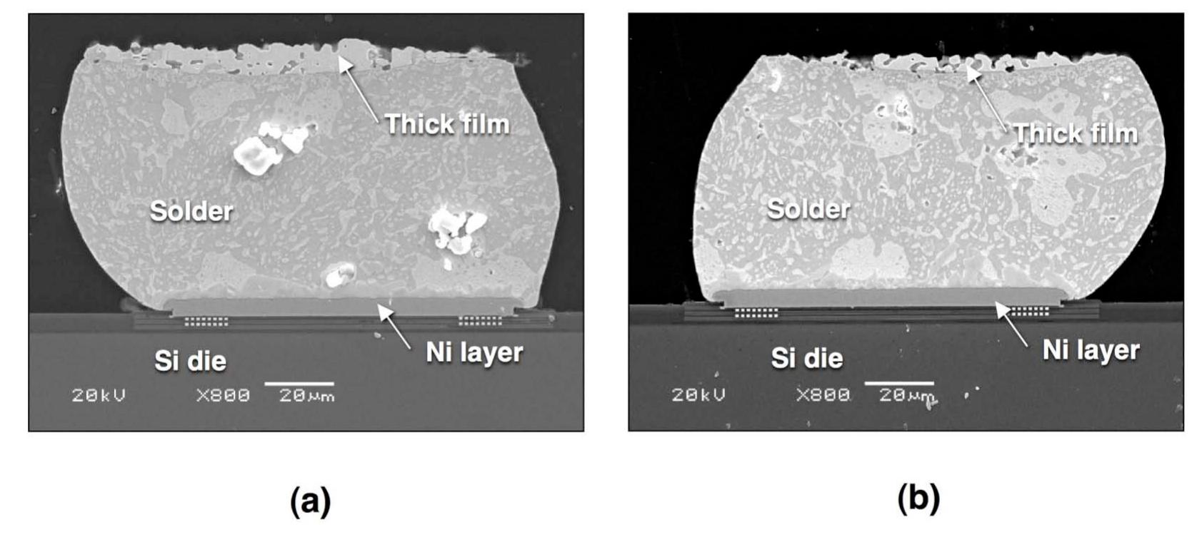 Sem (se) images of the cross sections of two solder joints