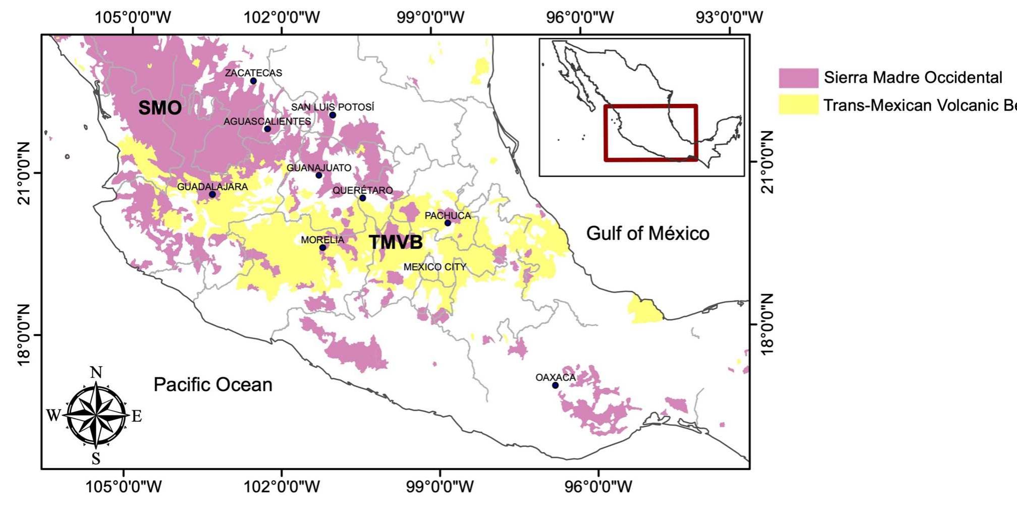 Simplified geological map showing the paleogene (pink) and