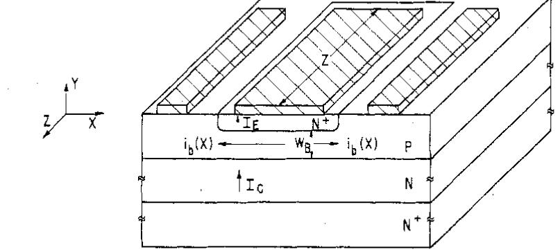 Cross section of an n*t-p-n7-n* transistor showing curren: