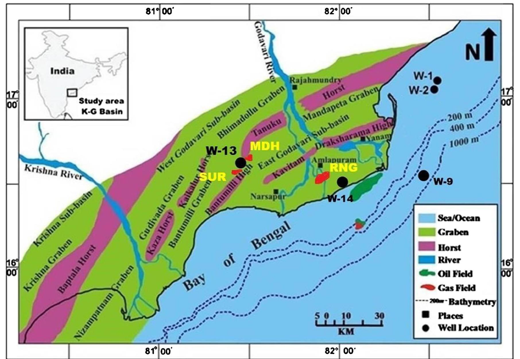 The tectonic map and location of five wells distributed in