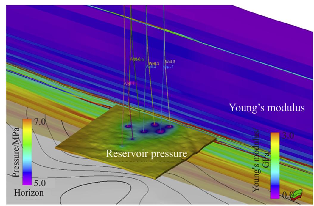 Overview of the 3d geomechanical model showing one horizon,