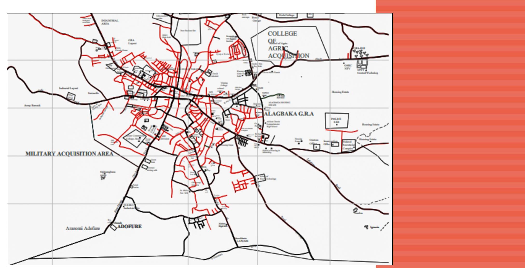 B: map showing akure road network and the study area of
