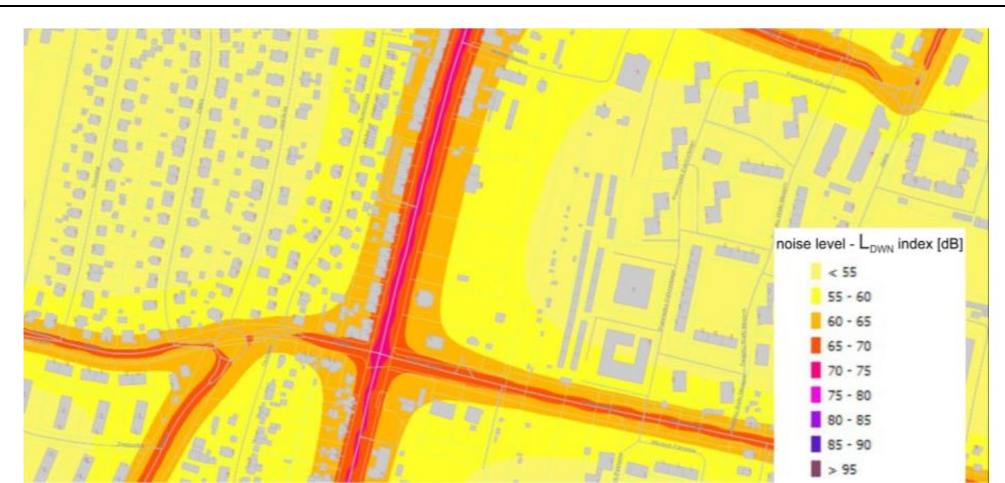 Noise level map, index lpwn, at the rybnicka street next to