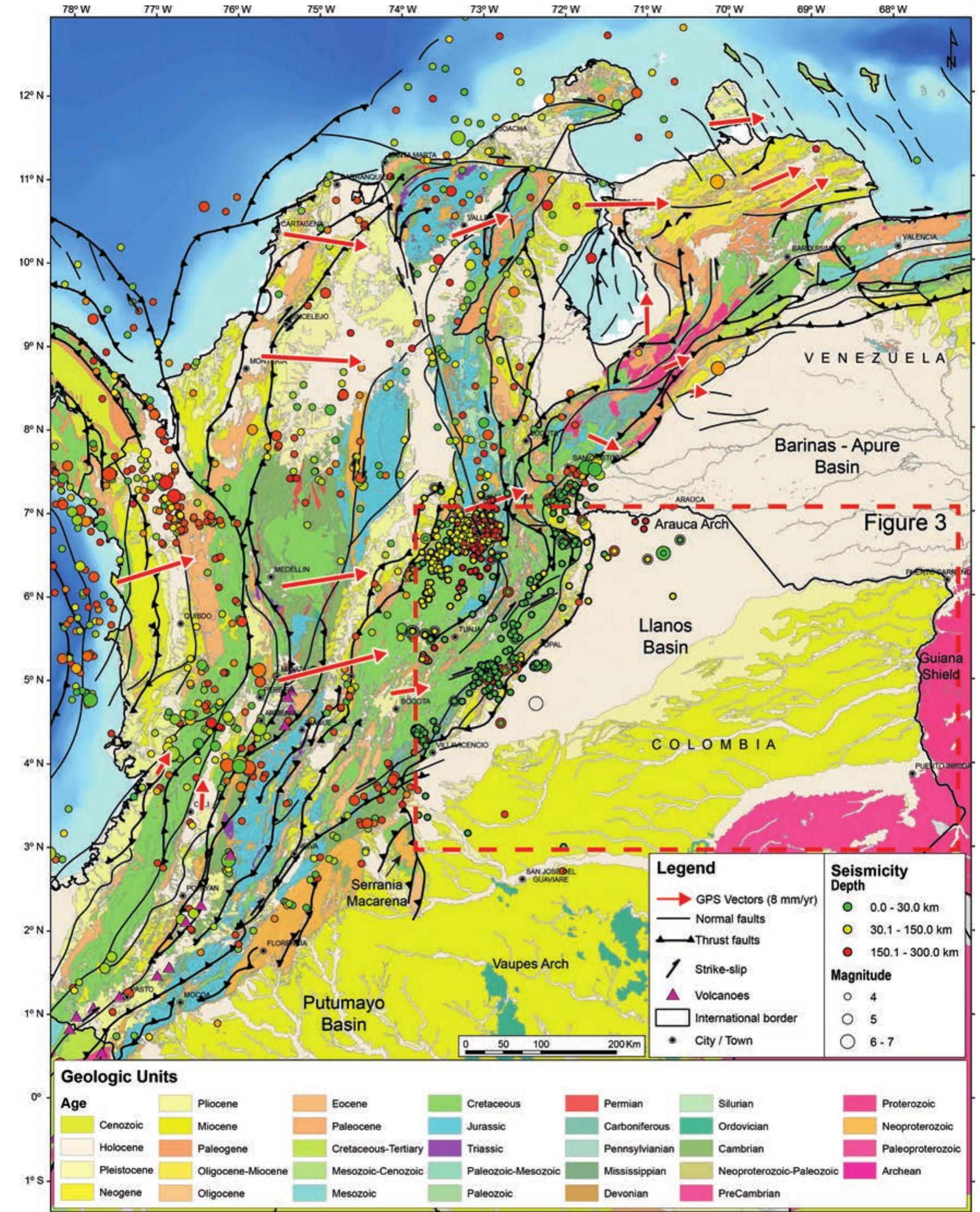Geologic map, active volcanoes, and seismicity (mw = 4) of