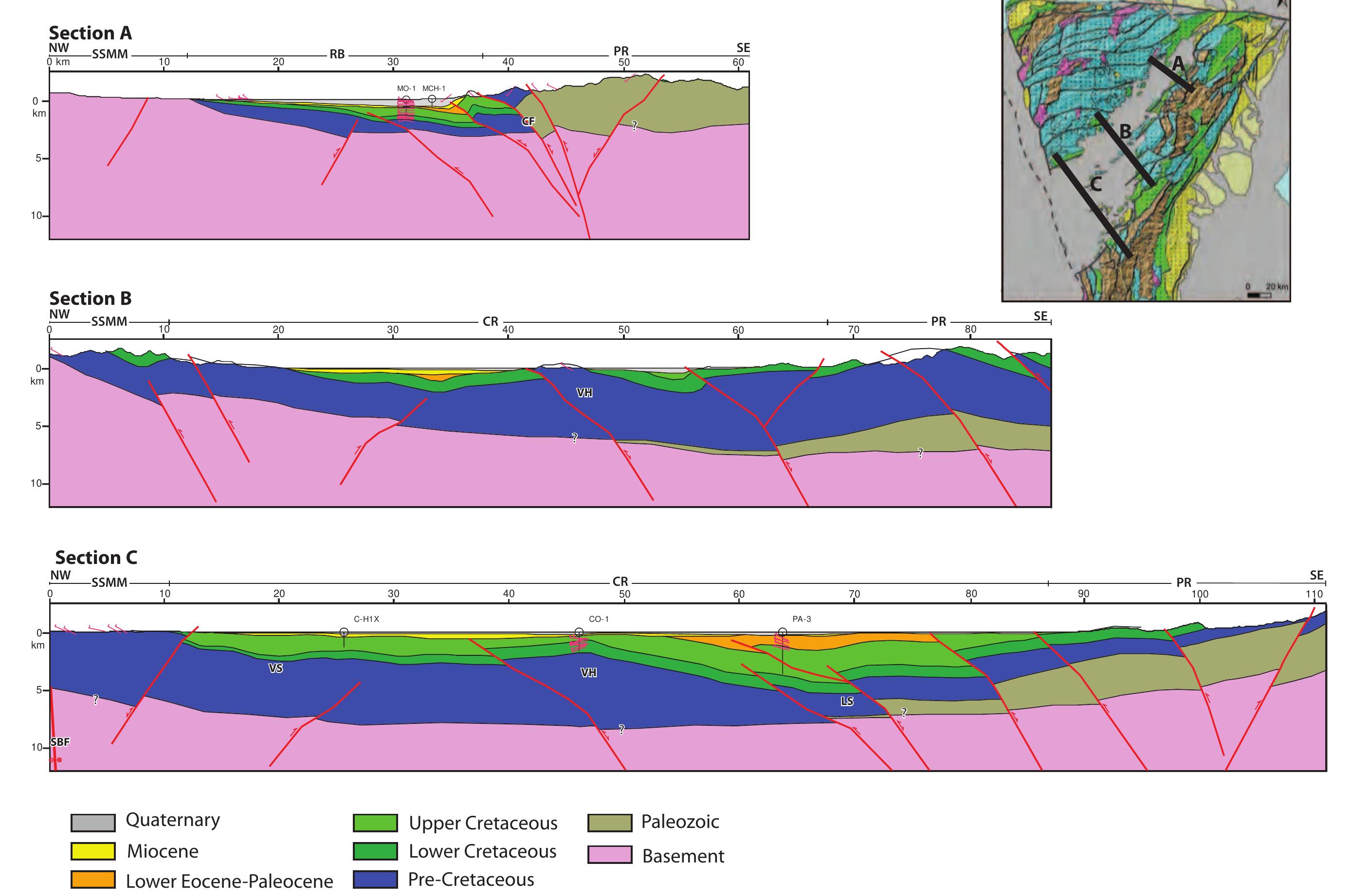 Three structural cross sections of the cesar—rancheria basin