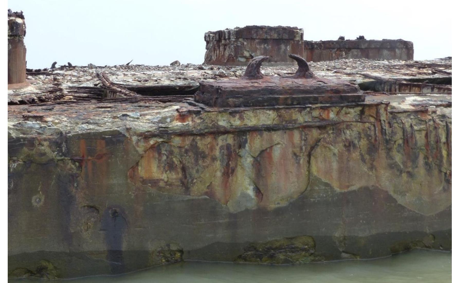 Close up a chock and section of the port side hull on selma,