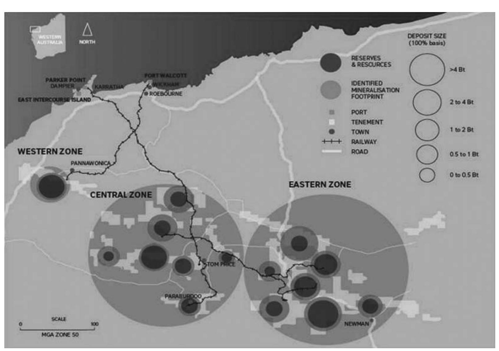 The map shows the operations of rio tinto iron ore (rtio) in