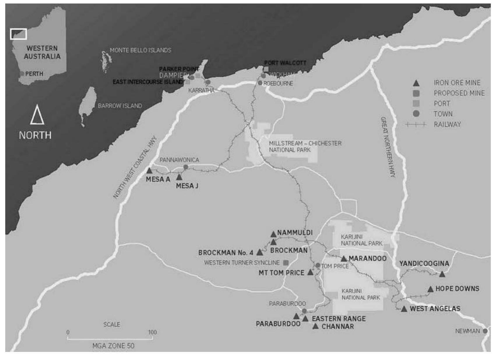 The map shows the operations of rio tinto iron ore (rtio) in