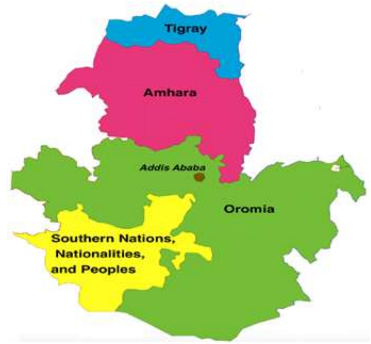 Map of amhara, oromia, snnp and tigray regions.