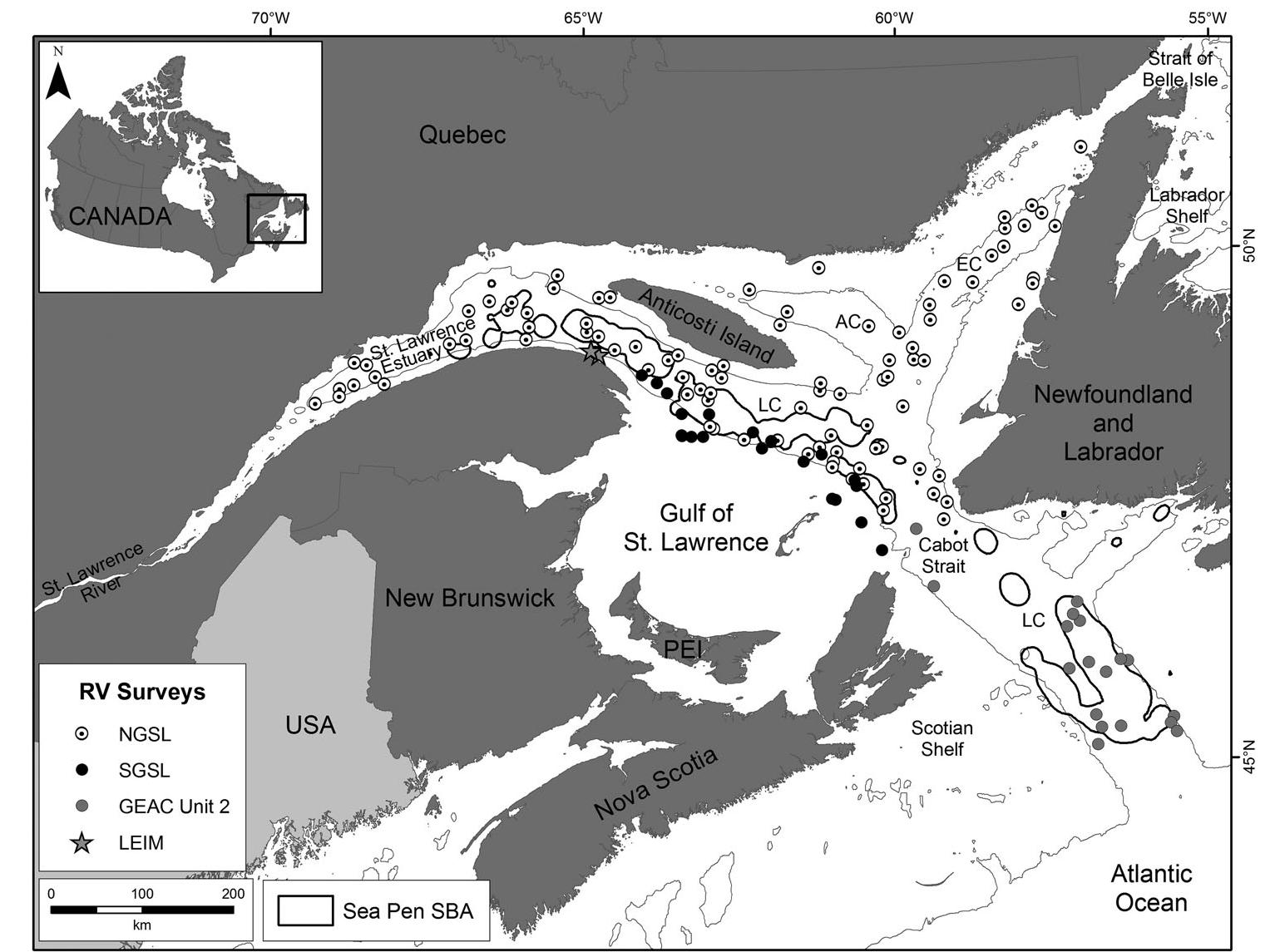 Map showing the location of trawl sets where sea pens were