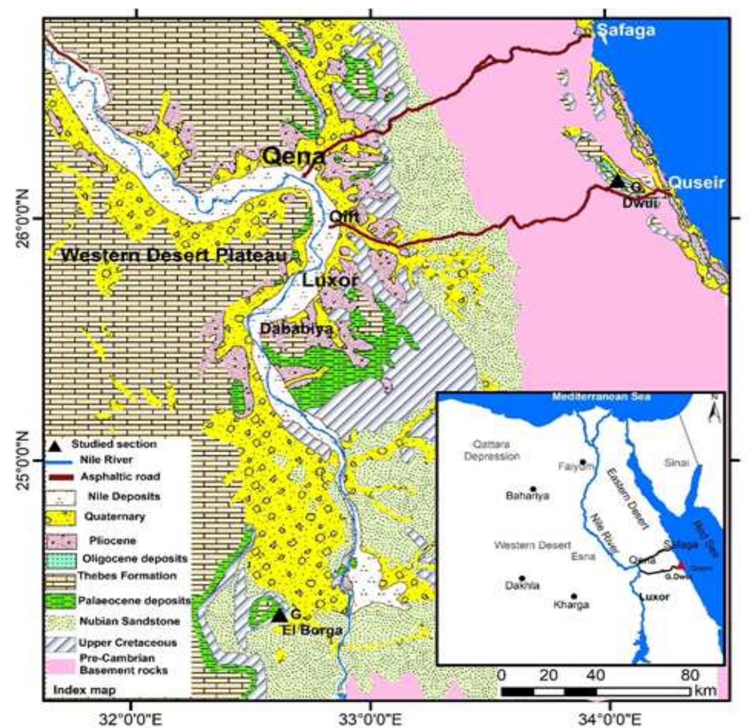 Location and geologic map of gebel duwi showing the studied