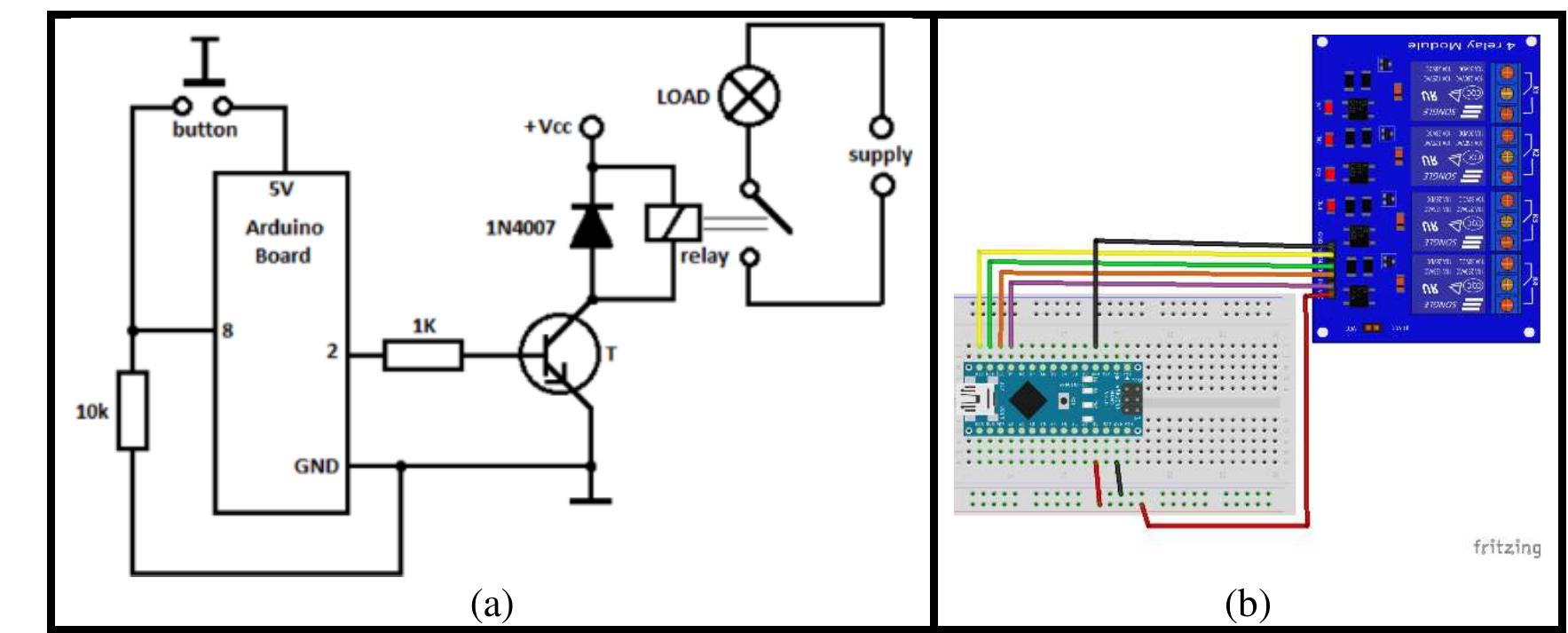 (a) relay schematic, (b) the 4 module relay circuit on the