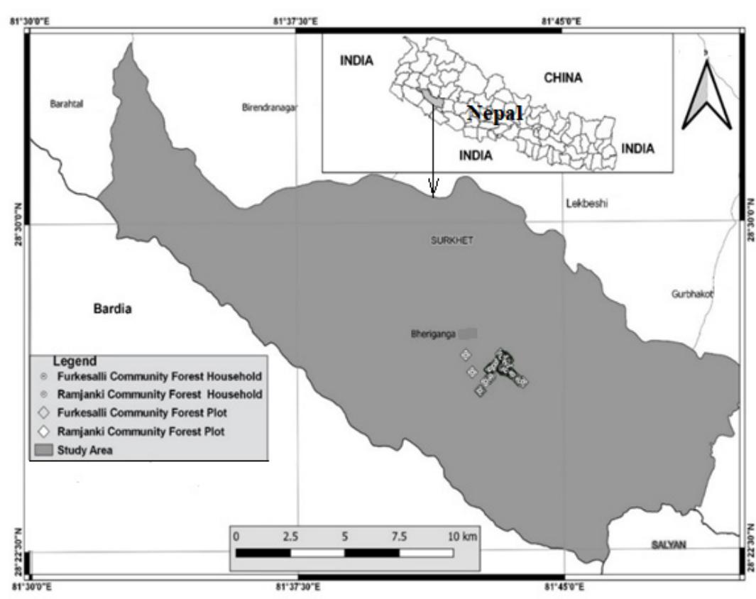 Map of surkhet district showing location of study sites. the