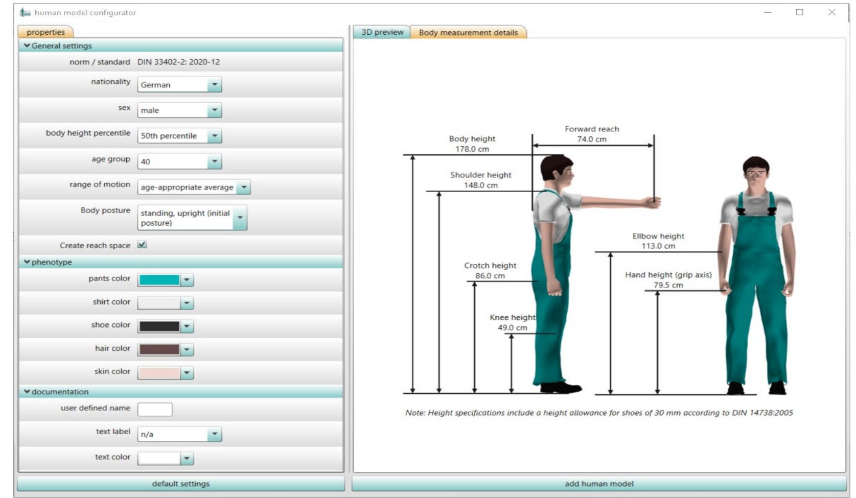 Human model configurator with 3d-preview in emawd. forces in