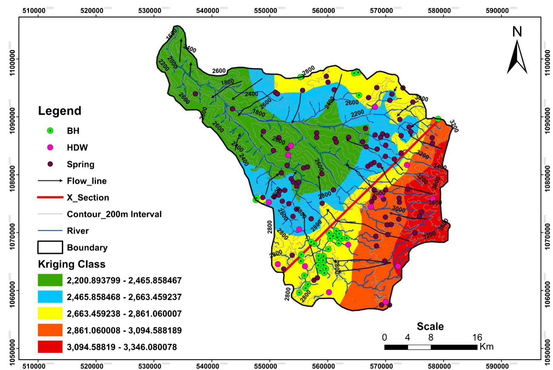Groundwater level contour map showing the groundwater flow