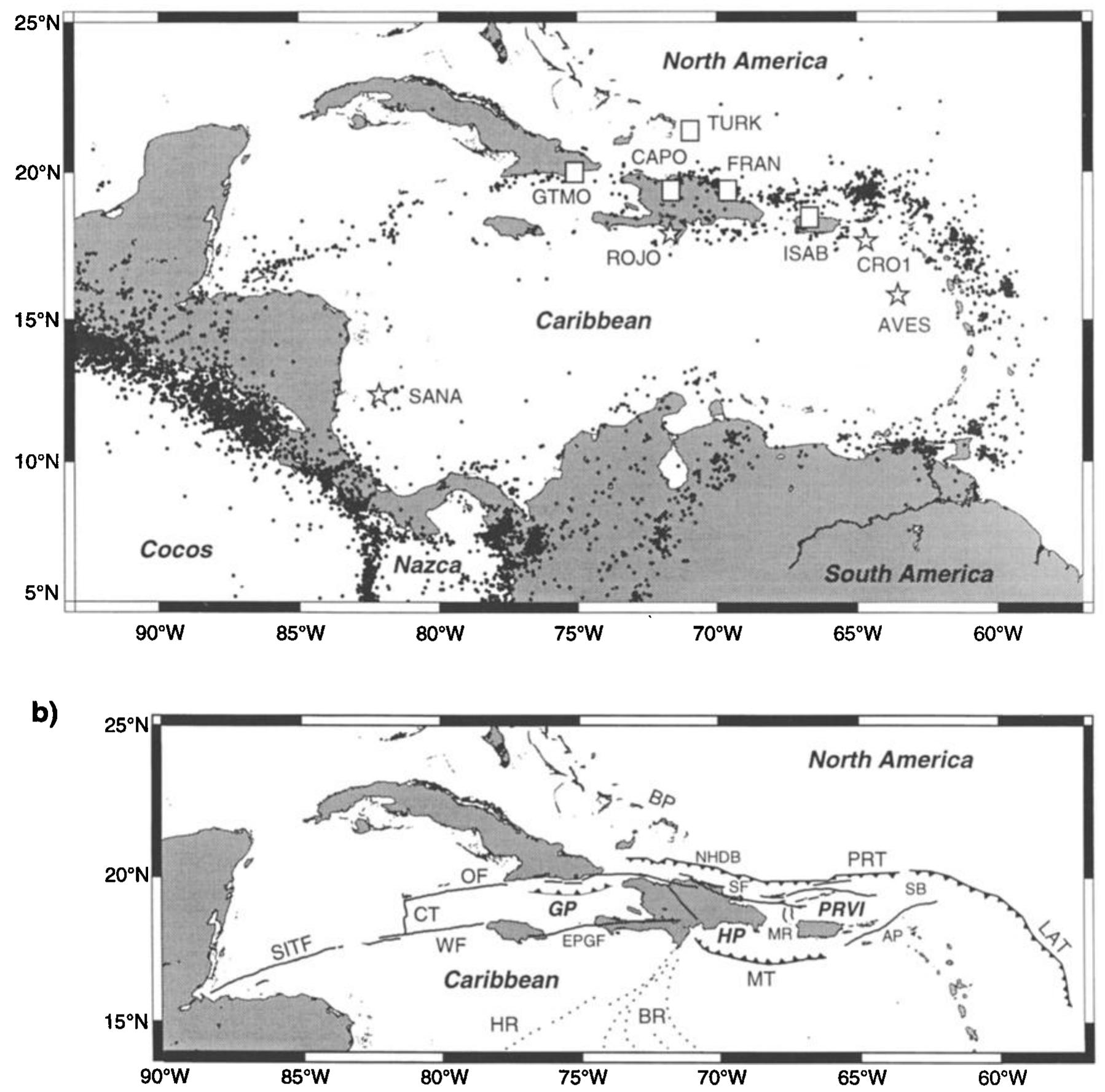 (a) map of caribbean plate and regional seismicity.
