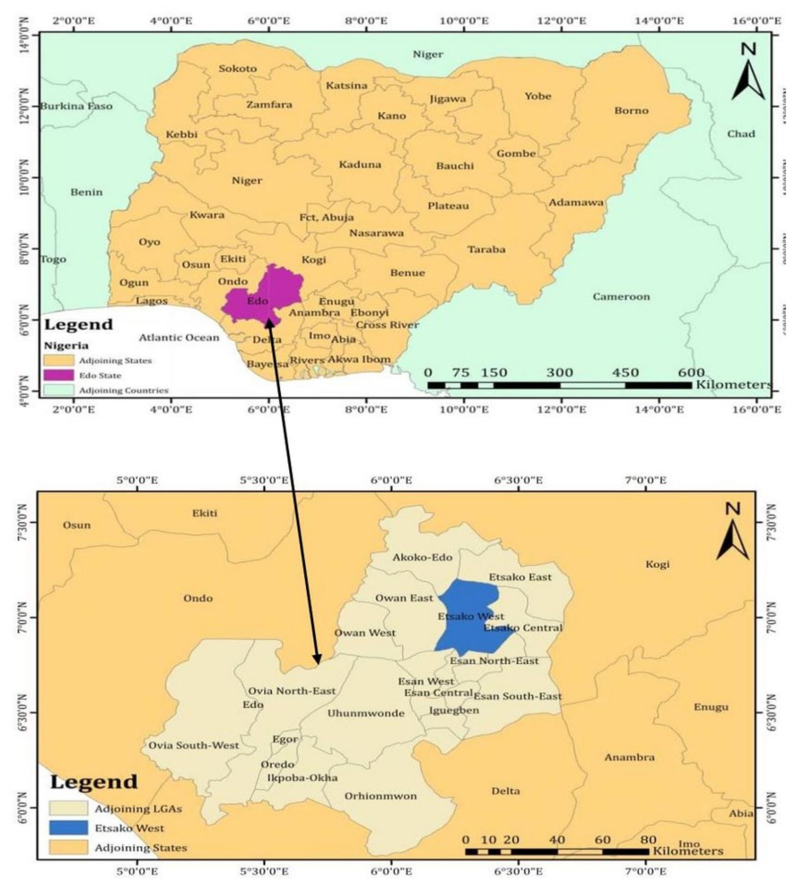 Map of nigeria showing the location of auchi in etsako west