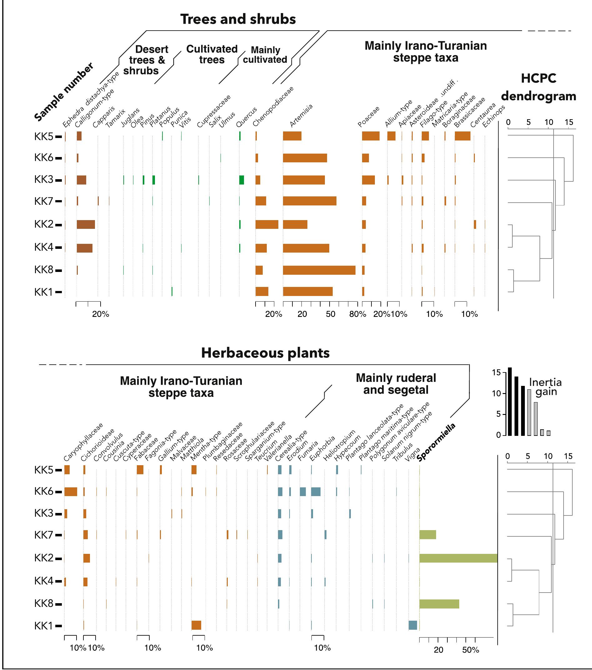Pollen percentage diagram of the eight hyena scats.