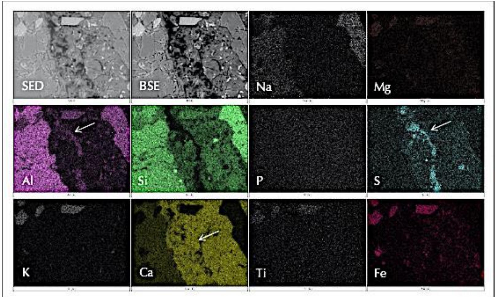 X-ray elemental maps showing secondary ettringite