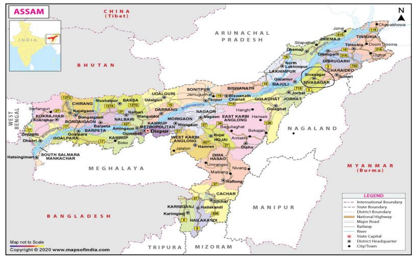 Map of assam highlighting sivasagar district. sivasagar is a