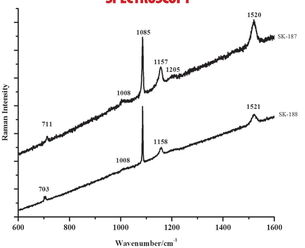 Raman spectra of two coloured natural pearls from pinna