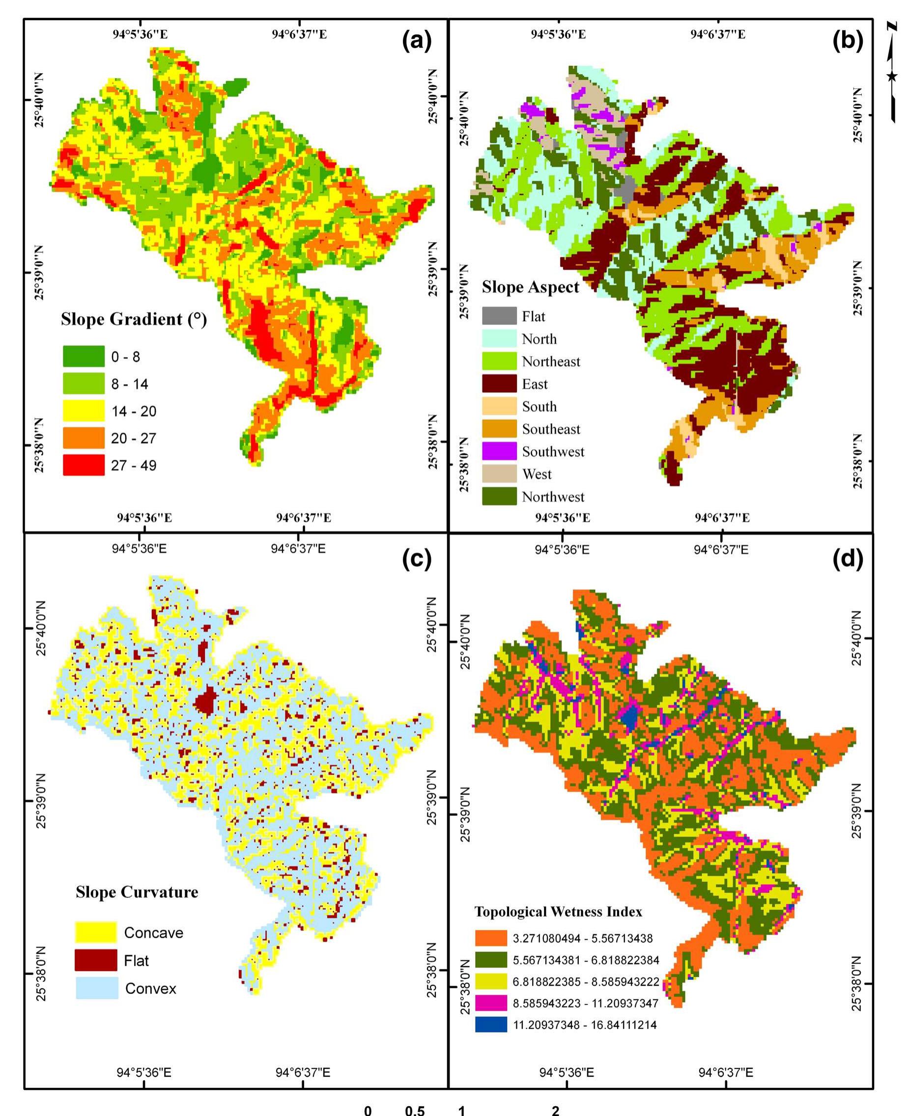 Thematic maps of causative factors—a slope gradient, b slope