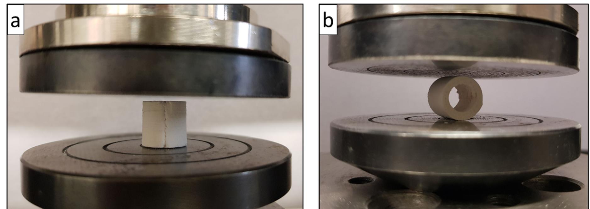 Mechanical tests: (a) compressive strength test setup, (b)